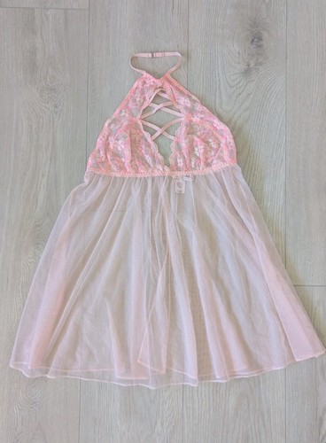 Victoria's Secret Light Pink Sheer Teddy Nightie Lingerie Halter Size ...