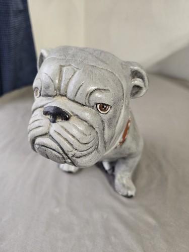 Vtg English Bulldog Bank Figurine Weathered Grey, Red Collar Silver ...