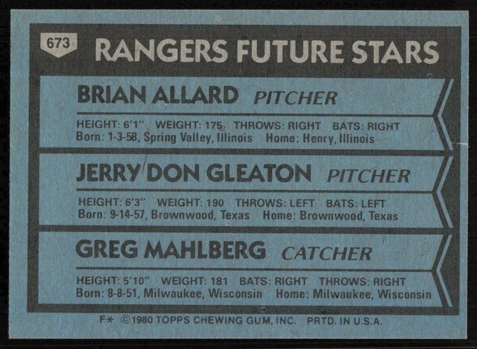 1980 Topps Rangers Future Stars - Brian Allard/Jerry Don Gleaton/Greg ...