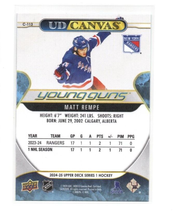 2024-25 Upper Deck MATT REMPE Young Guns Canvas Rookie New York Rangers ...