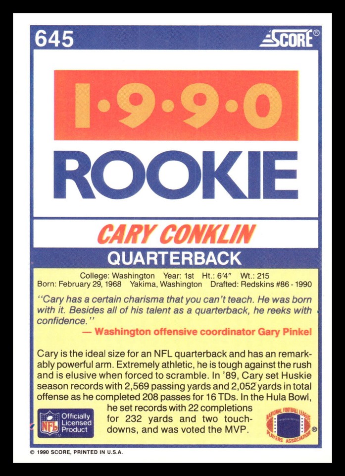 1990 Score #645 Cary Conklin Washington Redskins RC Football Card NM | eBay