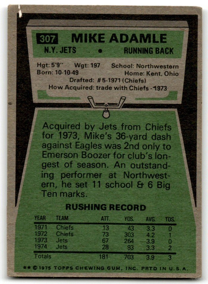 1975 TOPPS MIKE ADAMLE NEW YORK JETS #307 | eBay