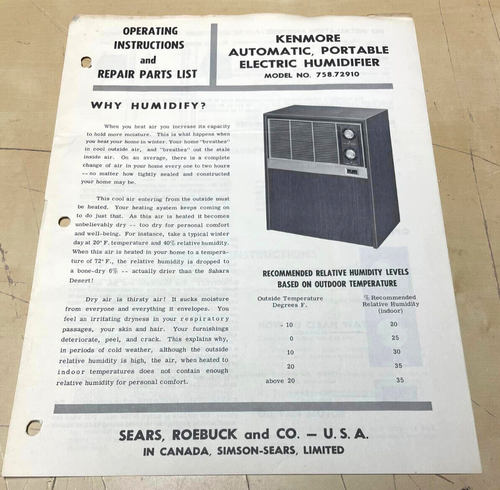 Vintage 1955 Sears Kenmore Electric Humidifier 758.72910 Operating ...