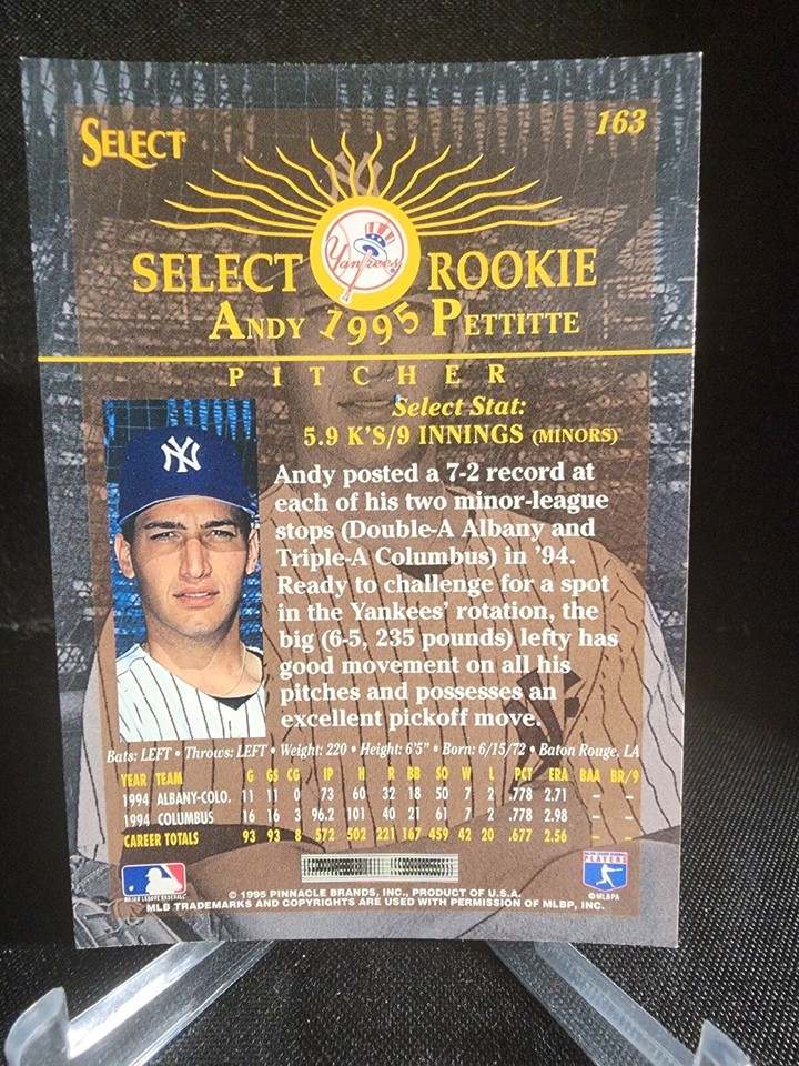 ANDY PETTITTE 1995 PINNACLE SELECT INSERT ROOKIE #163 NEW YORK YANKEES ...