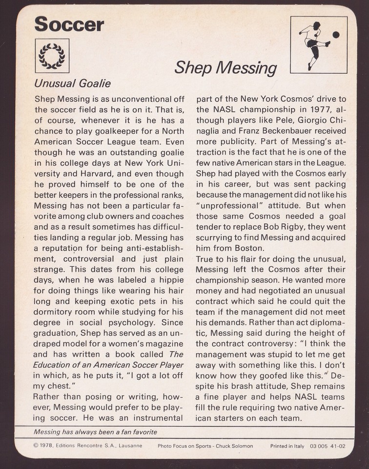 SHEP MESSING American Soccer Player Photo 1978 SPORTSCASTER CARD #41-02 ...