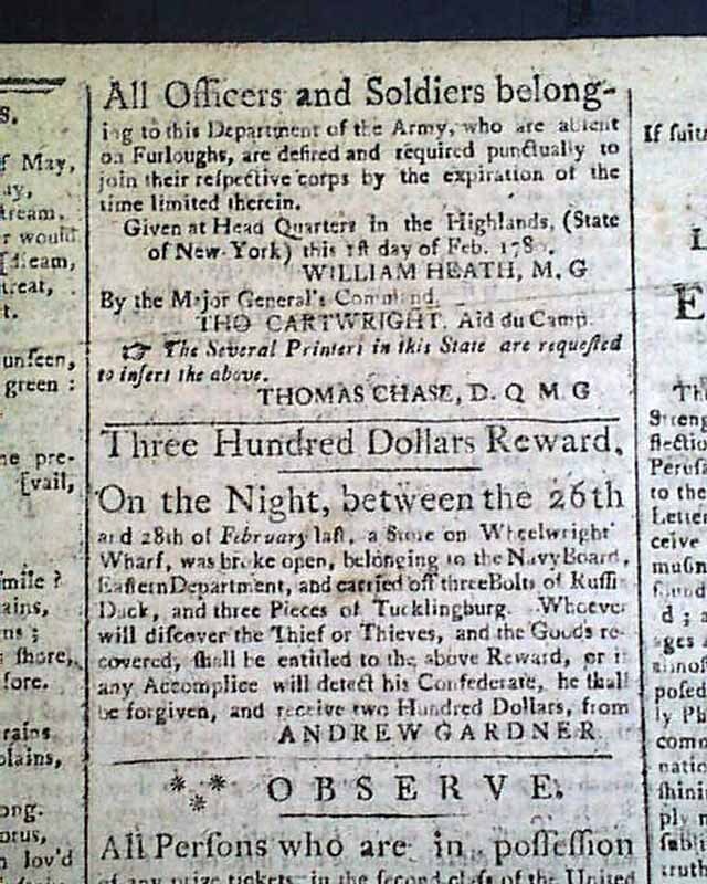 Very Rare REVOLUTIONARY WAR ERA Boston Mass. 1780 Old Newspaper w/ Nice ...