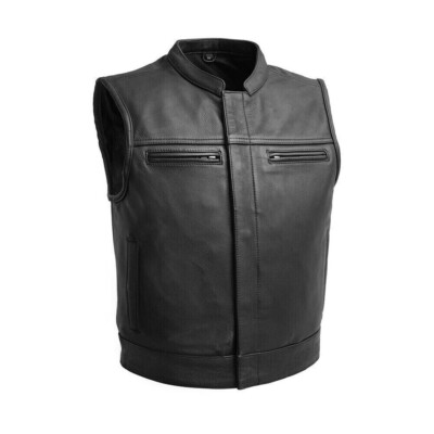 Motorcycle Mens Zip Classic Style Leather Vest Sleeveless Biker Jacket ...