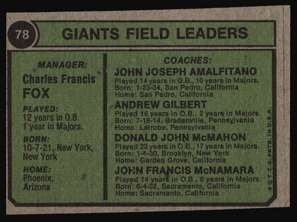 1974 Topps Giants Charlie Fox / McNamara / Amalfitano / Gilbert ...