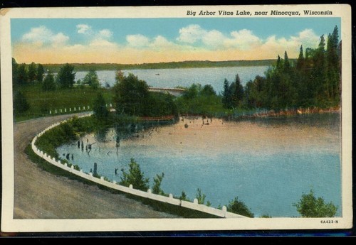 BIG ARBOR VITAE LAKE WISCONSIN POSTCARD ~ MINOCQUA VILAS WIS LINEN PC ...