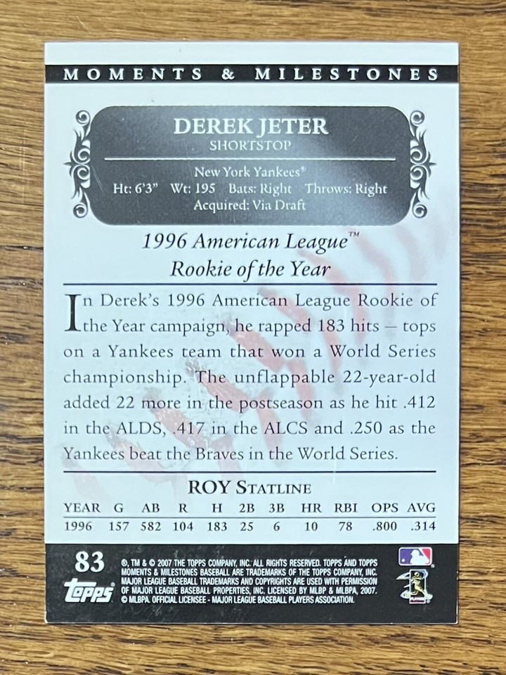 Derek Jeter 2007 Topps Moments & Milestones 49 Hits Card #83 - 141/150 ...
