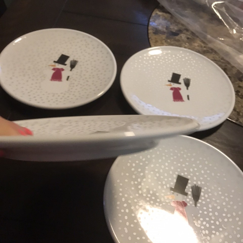 Set Of 4 Bodum SNOWMAN White Luncheon/ Salad Plates 8.5 inch Snowflakes ...