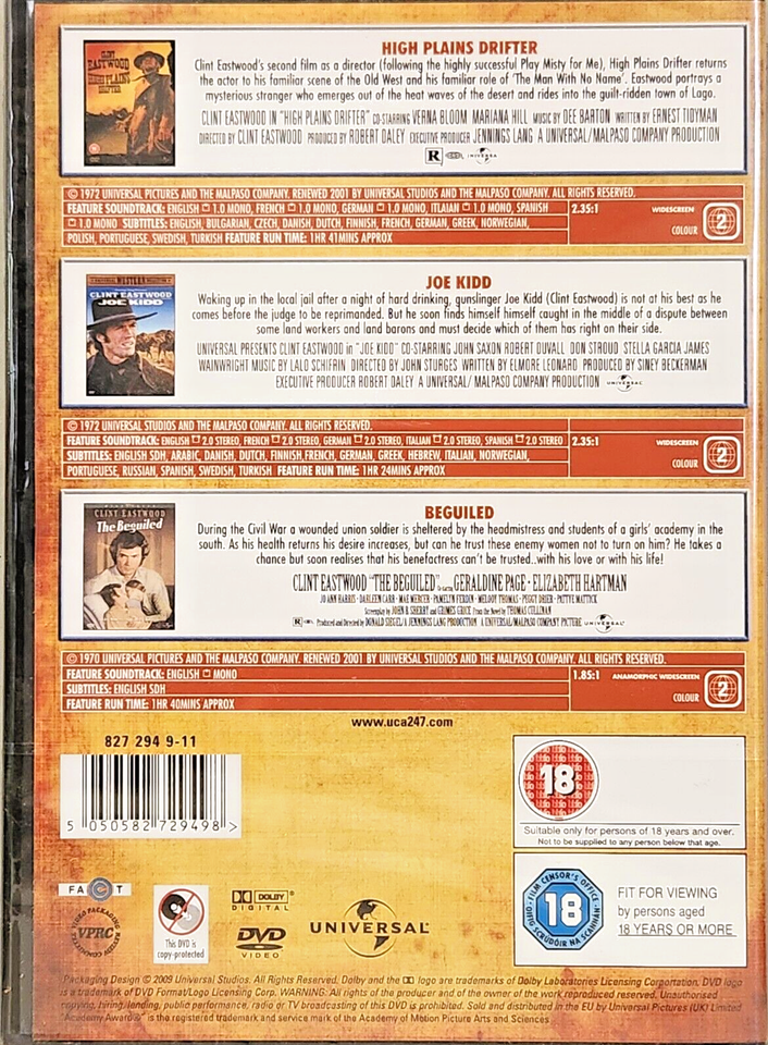 CLINT EASTWOOD: HIGH PLAINS DRIFTER/ JOE KIDD/ THE BEGUILED - NEW 3 ...
