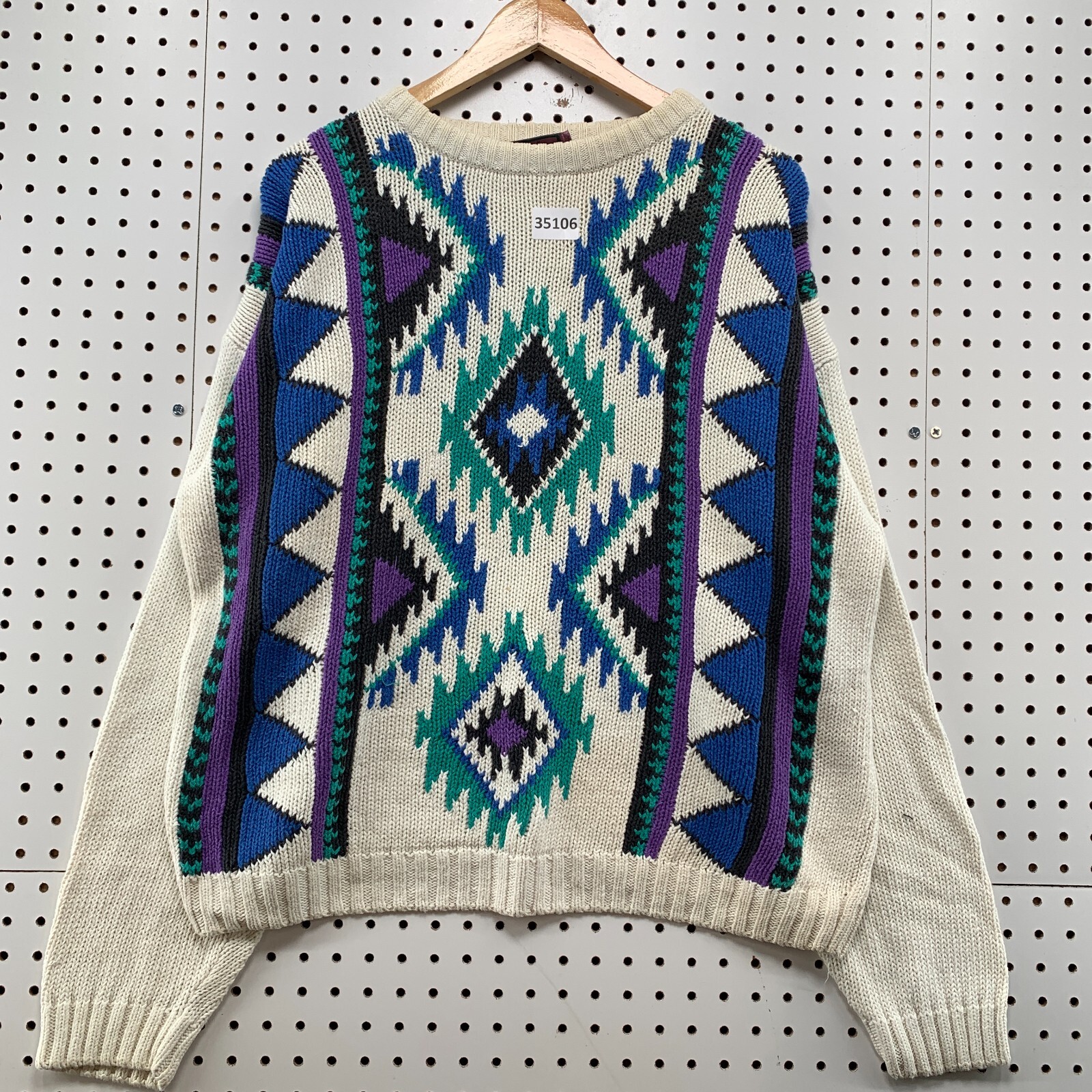 Vintage Concrete Aztec Knit Sweater Mens Large White … - Gem
