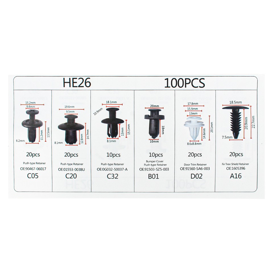 100 Retainer Clips Auto Fasteners Push Trim Rivet Pin Rivet Bumper Kit ...