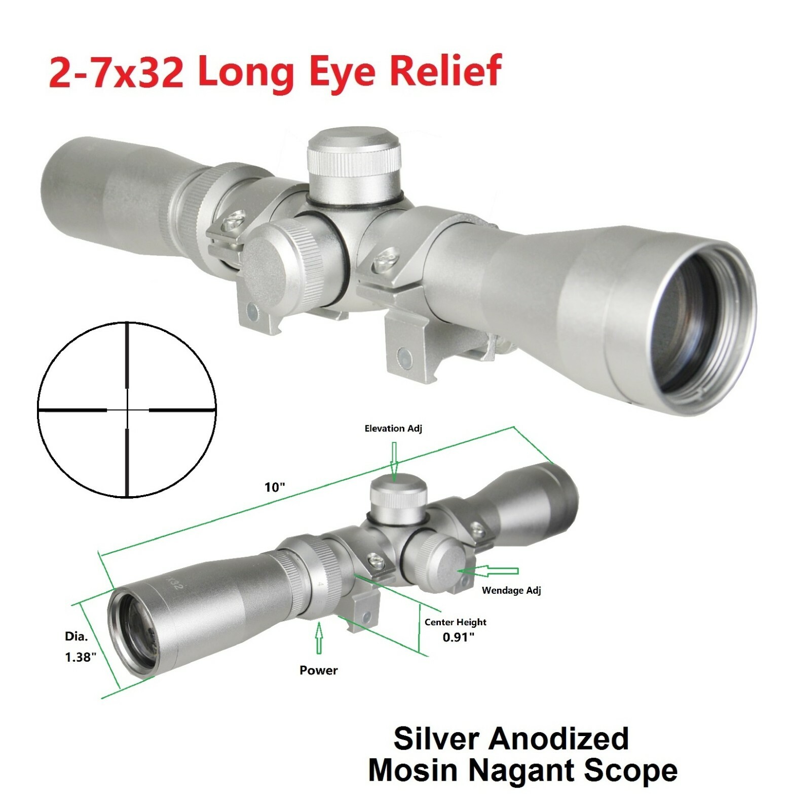 Silver Mosin Nagant 2-7x32 Long Eye Relief Scout Scope W Low Profile ...