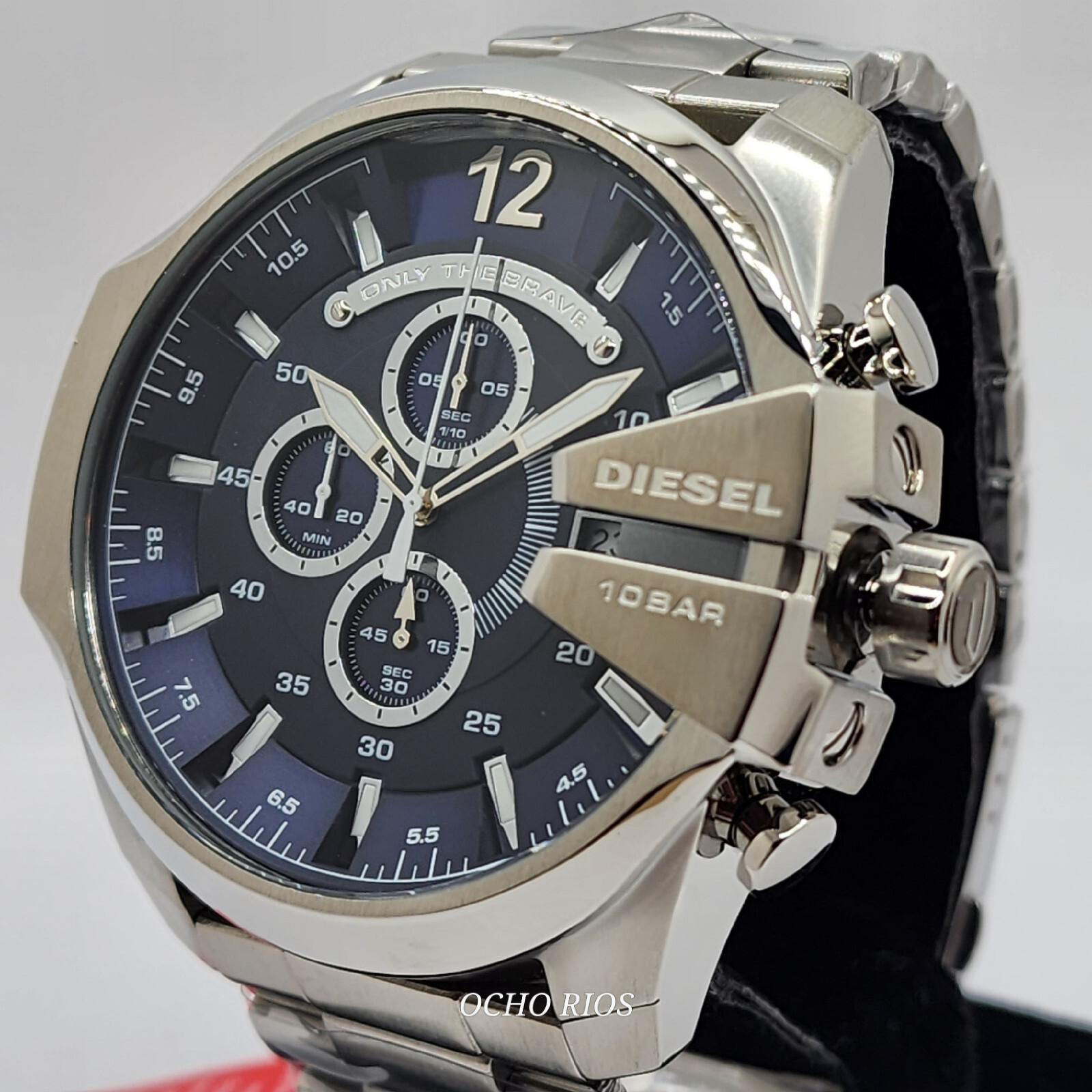 DIESEL MEGA CHIEF MEN'S WATCH SILVER TONE STAINLESS CHRONOGRAPH BLUE ...