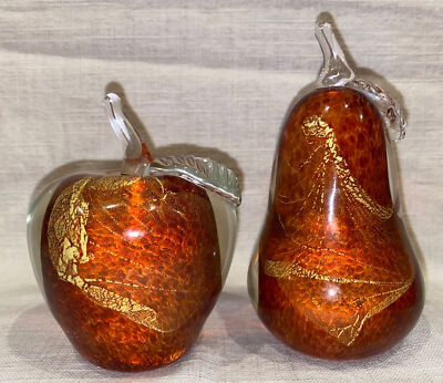 David Lewin FTM Art Glass Pear & Apple Paperweight/Bookends Gold ...