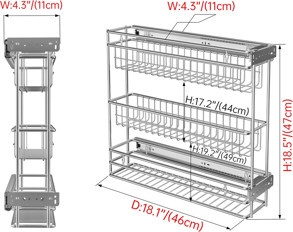 Narrow Pull Out Cabinet Organizer(4⅜" W X 18⅛" D),Pull Out Spice Rack ...