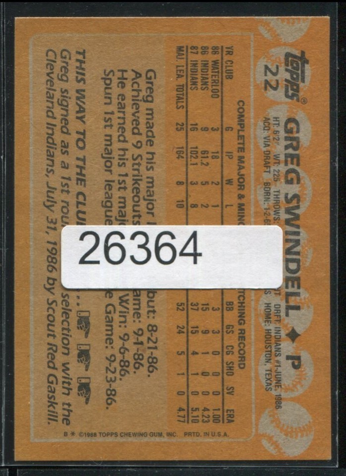 1988 Topps #22 Greg Swindell Signed Autograph Cleveland Indians *26364 ...