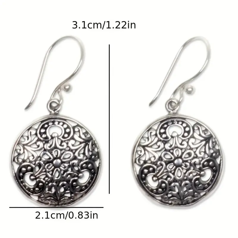 Hollow Flower Pattern Round Dangle Earrings Retro Boho Silver Plated ...