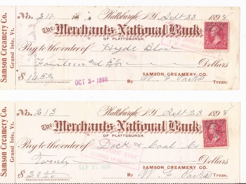 2 ANTIQUE 1898 CANCELLED BANK CHECKS- PLATTSBURG NY /2 c red US Postage ...