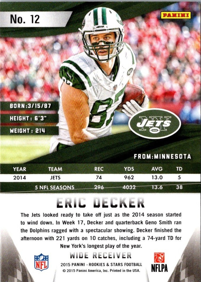 2015 Panini Rookies & Stars Eric Decker #12 New York Jets Football Card ...
