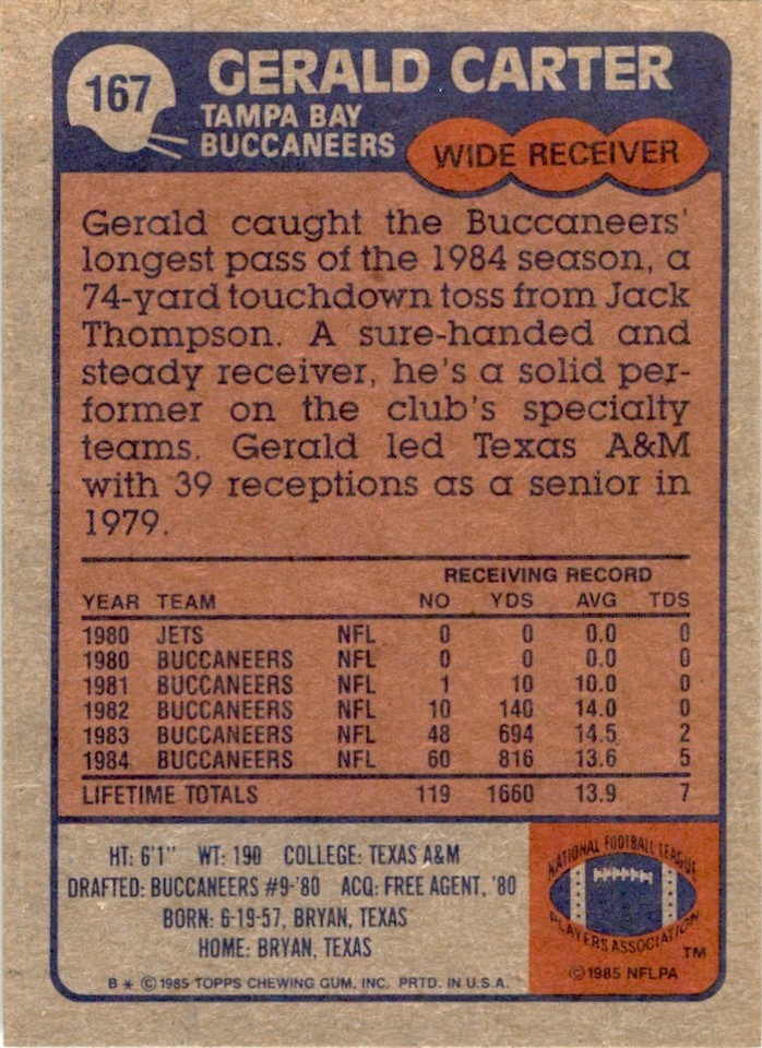 1985 TOPPS; GERALD CARTER* TAMPA BAY BUCCANEERS #167 | eBay