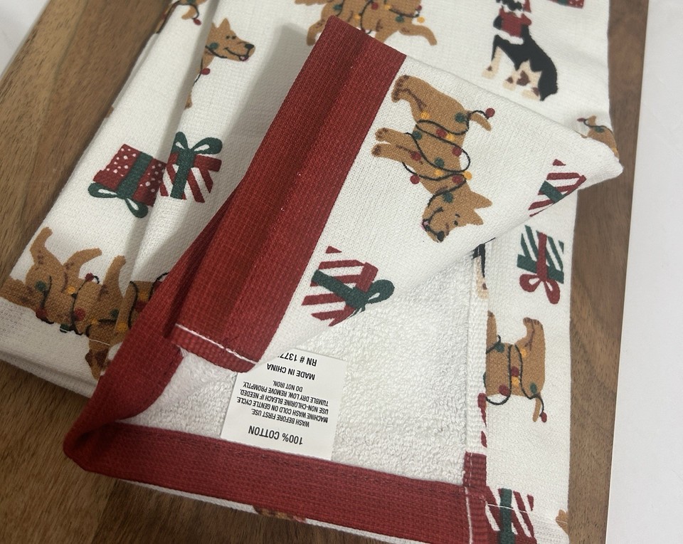 Sleigh Bell Bistro DOGS Christmas Kitchen Dish Towels Set Of 2 NEW | eBay