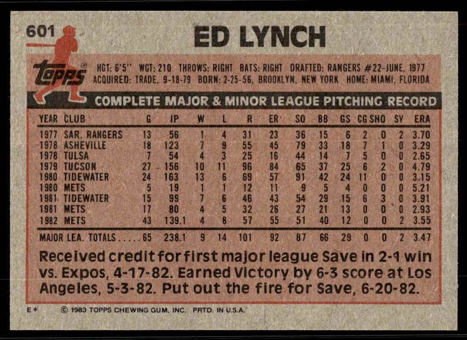 1983 Topps Ed Lynch New York Mets #601 | eBay
