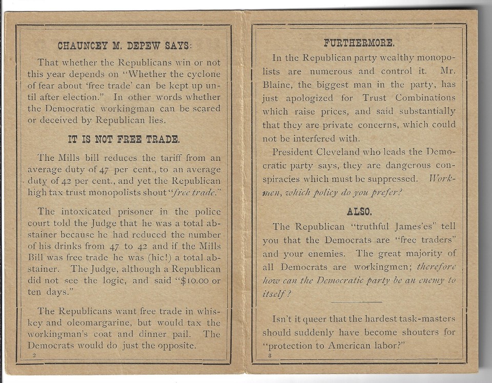 1888 Folding Presidential Campaign Small Workers Pamphlet 4 Cleveland ...