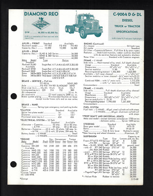 DIAMOND REO C-9064D & DL TRUCK/TRACTOR 4 PAGE SPECIFICATIONS BROCHURE ...