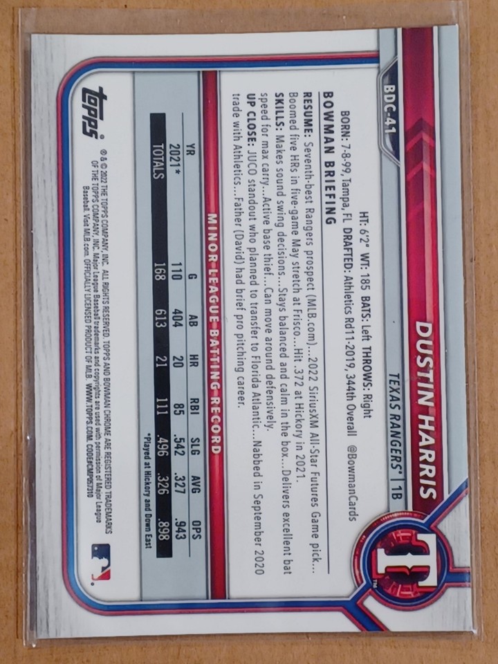 2022 Bowman Draft Chrome Base #BDC-41 Dustin Harris - Texas Rangers | eBay