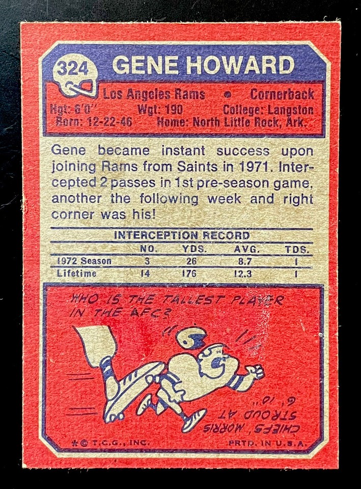 1973 Topps #324 Gene Howard - Los Angeles Rams - Vintage Football Card ...
