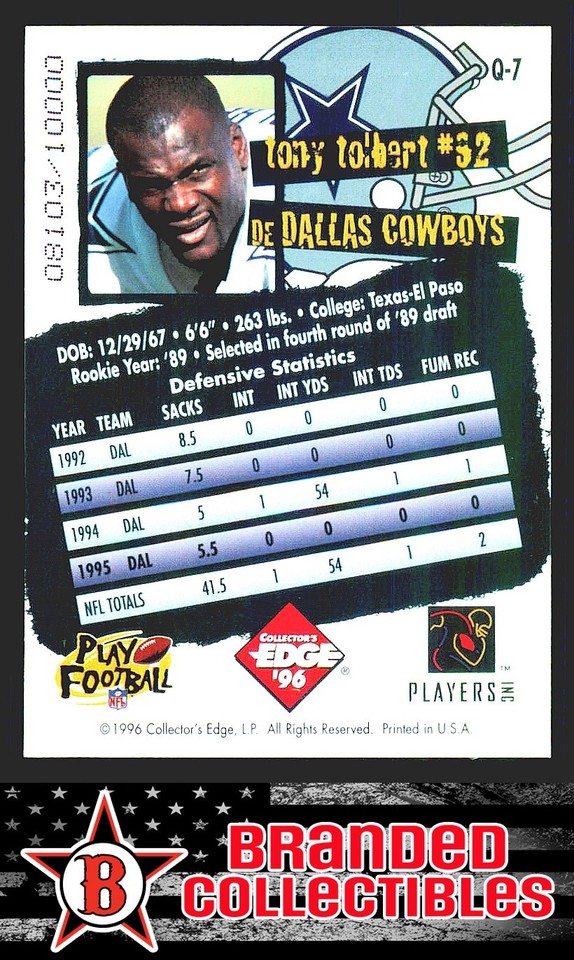 1996 Collector's Edge Tony Tolbert Cowboybilia SN #Q-7 Dallas Cowboys ...