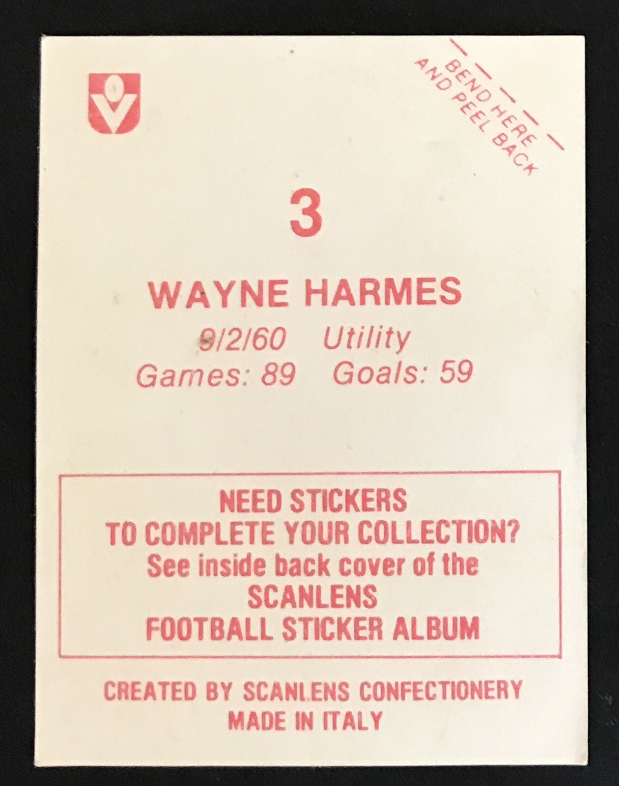 1983 Scanlens VFL Sticker Wayne Harmes Carlton No. 3/172 NM Condition ...