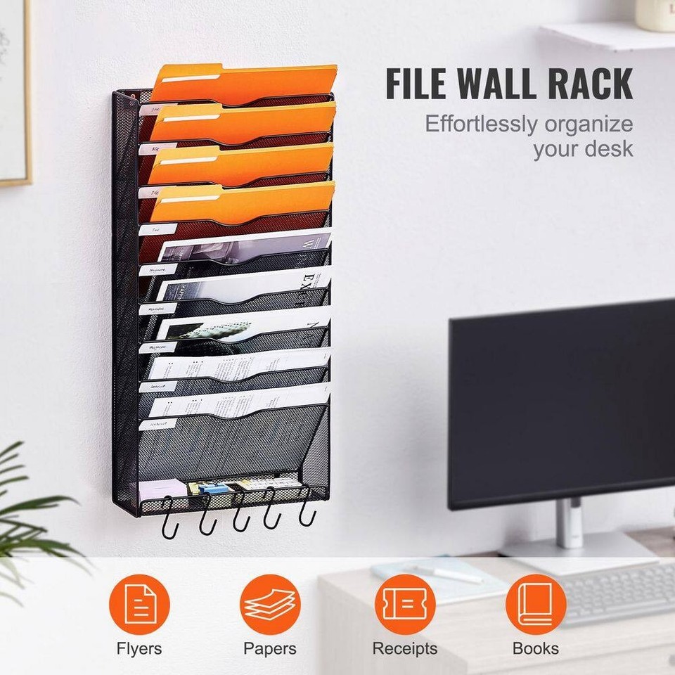 Hanging Wall Files Organizer, 10-Tier Vertical Wall File Holder, Metal ...