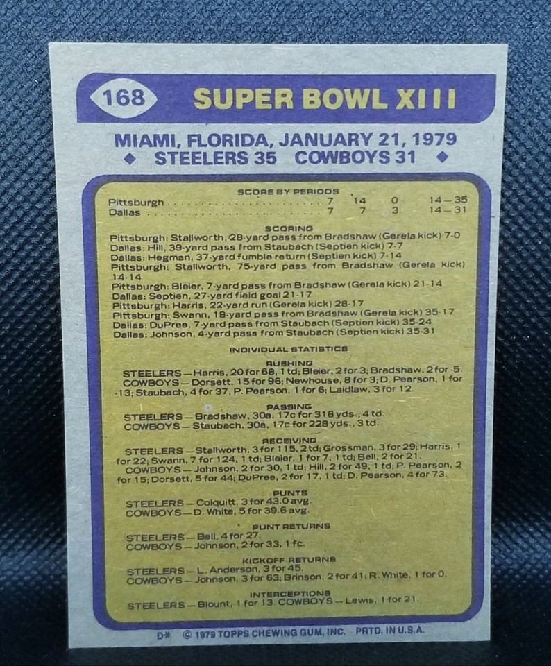 1979 Topps #168 Super Bowl XIII Pittsburgh Steelers over Dallas Cowboys ...