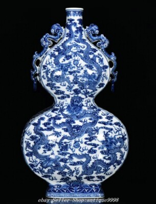 17"Old Qing Dynasty Blue White Porcelain Dragon Fish Gourd Wine Tea Pot ...