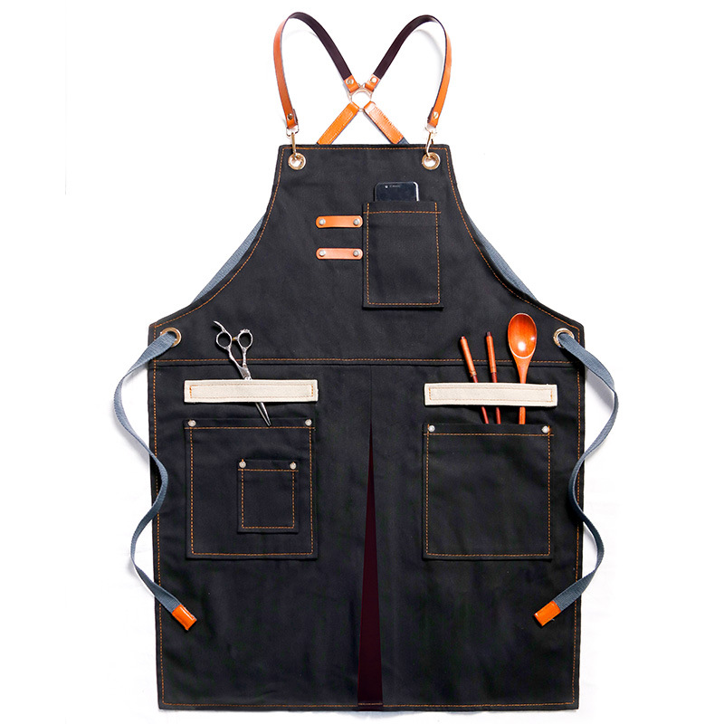 Denim Bib Apron Pu Leather Strap Gardener Cook Barista Waitress Work ...