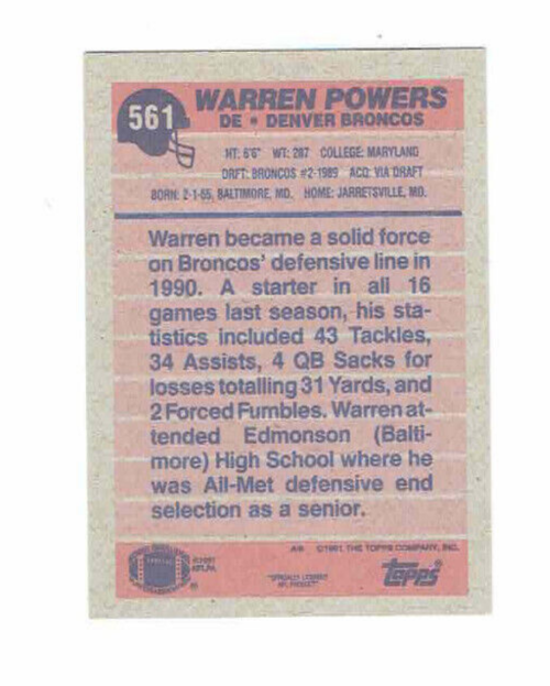 Warren Powers Denver Broncos DE #561 Topps 1991 Football Card | eBay