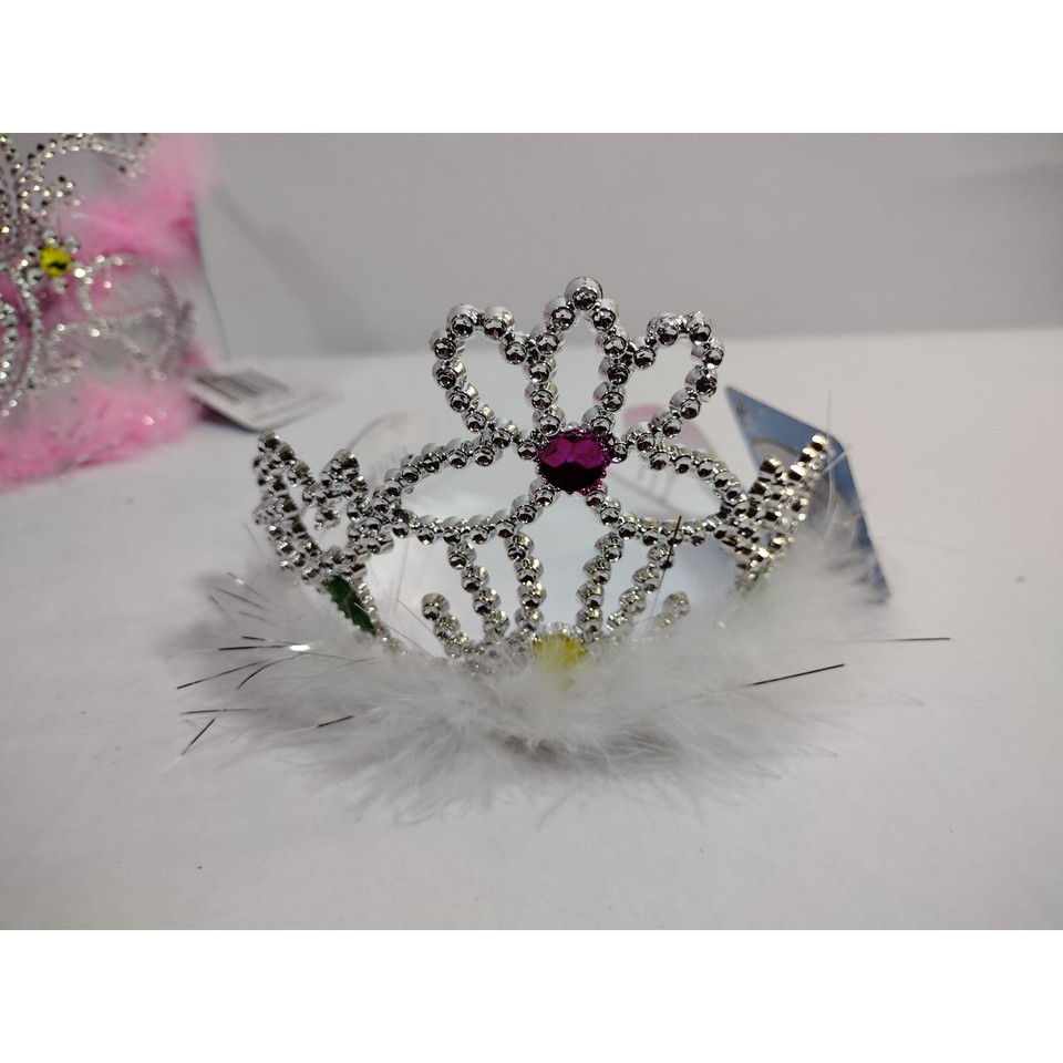12 Princess Tiaras Girls Birthday Pack Pink White Fuzzy Boas with combs ...
