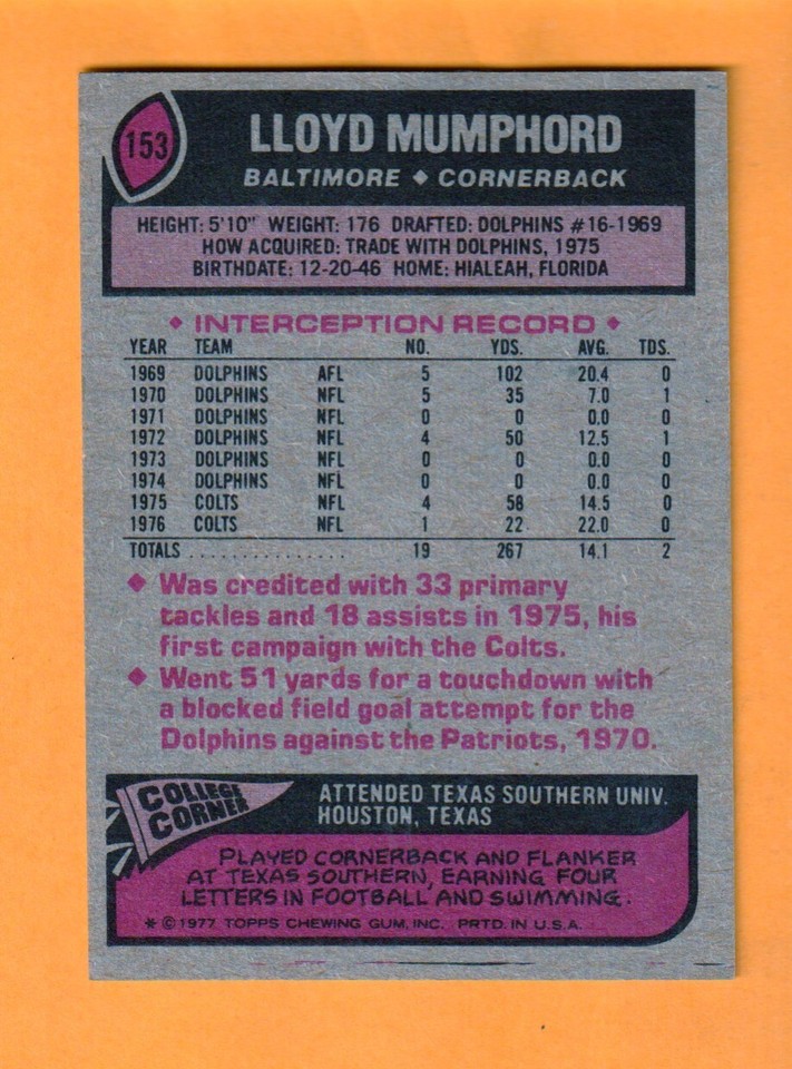 Lloyd Mumphord Baltimore Colts 1977 Topps #153 Texas Southern | eBay