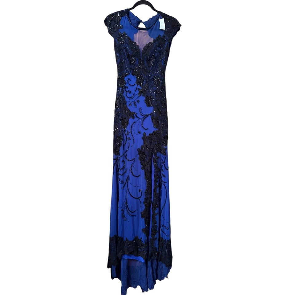 Mac Duggal Royal Blue Black Beaded Lace Cap Sleeve High Slit Gown | eBay