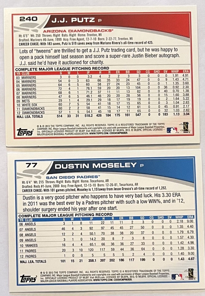 (2) 2013 TOPPS EMERALD GREEN SPARKLE DUSTIN MOSELEY #77 JJ PUTZ #240 | eBay