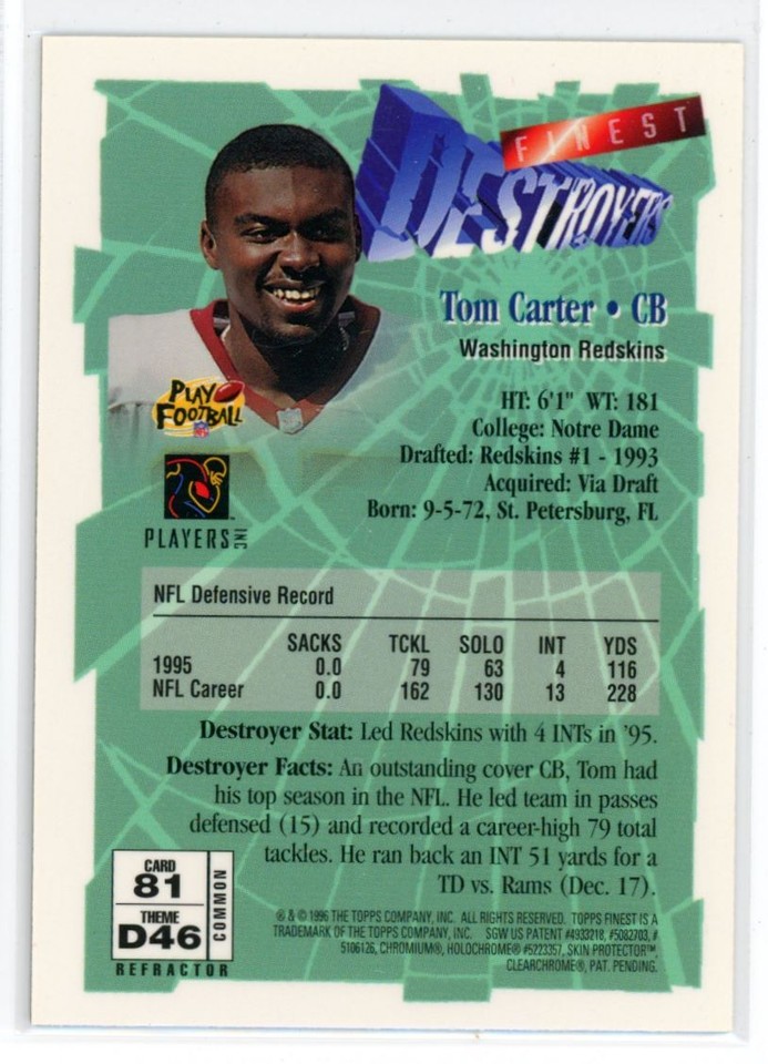 1996 Topps Finest Refractor Tom Carter Washington Redskins #81 | eBay