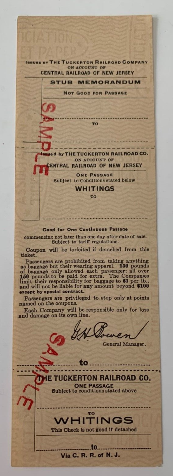 Vintage ca 1900s NJ Tuckerton Railroad RR Sample Ticket Whitings CRR of ...
