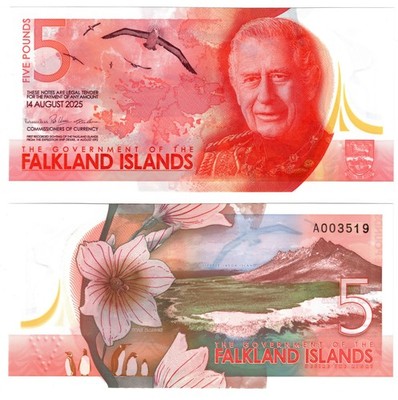 2025 Falkland Islands 5 Pound P20 Banknote UNC King Charles III Polymer ...
