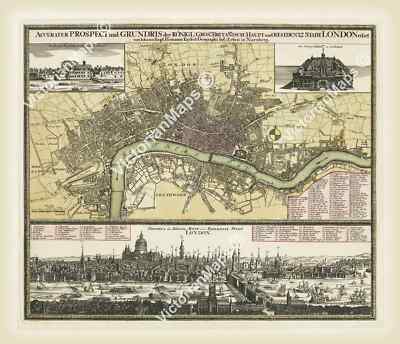 antique historical map plan guide Georgian London by Homann 1730 XL ...