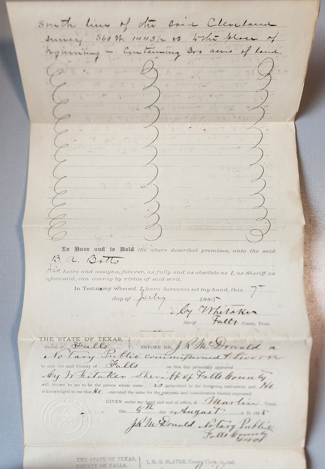 1885 Handwritten Deed Sheriff Cyrus Whitaker Falls County Texas to B.A ...