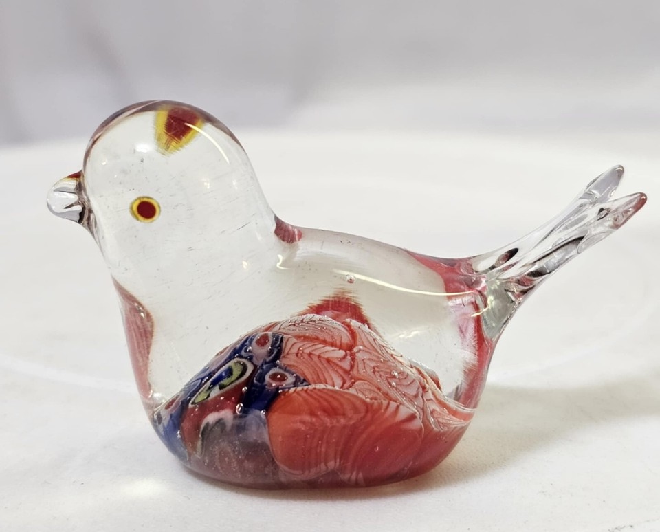 Murano Style Art Glass Clear Red Blue Millefiori Bird Figurine ...